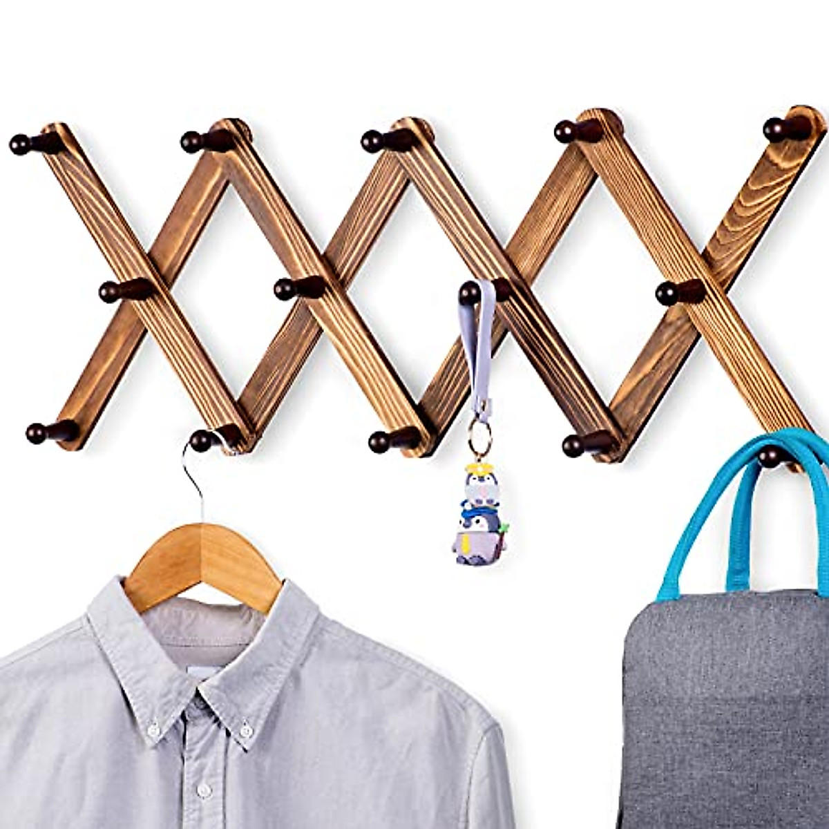 AITUFIY Expandable Coat Rack Hanger Wooden Accordion Wall Mounted Retro Wood Hat Rack 14 Pegs Hooks Hang Jacket,Coffee Mugs,Caps,Leash,Towel,Belt,Umbrella,Scarf,Bag (Carbon Brown)