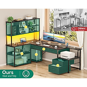 AODK 79 inch L Shaped Desk with File Drawers, Reversible L Shaped Gaming Desk with Power Outlets & LED Lights, Computer Desk with Storage Shelves for Home Office, Black