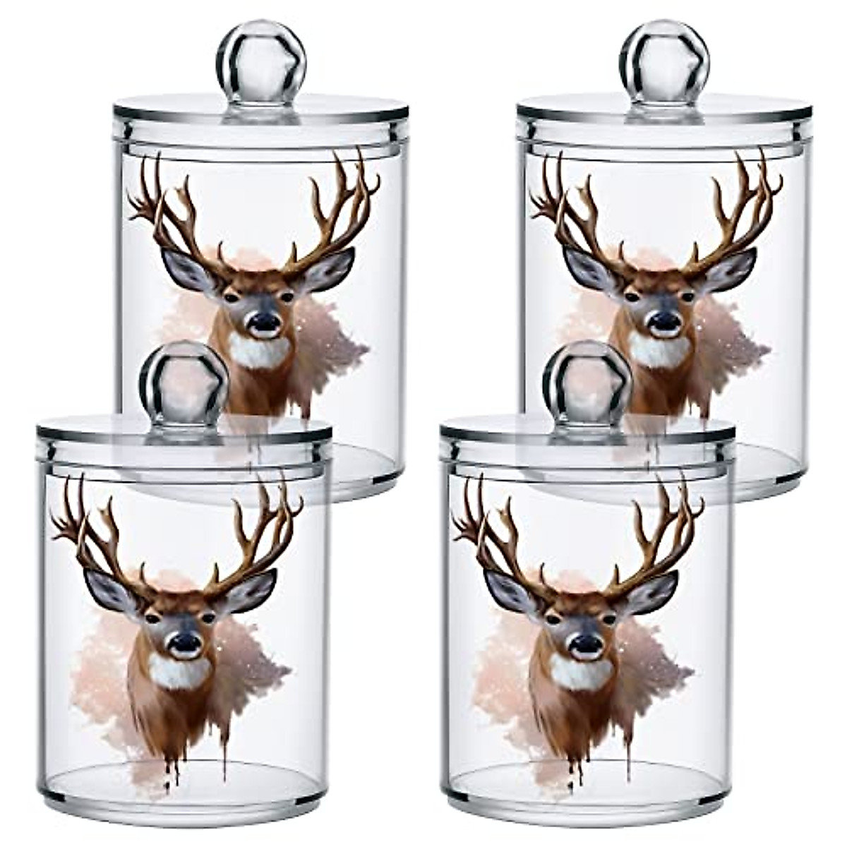 4 Pack Qtip Dispenser Apothecary Jars Bathroom Organizer, Deer Antlers Qtip Holder Storage Canister Plastic Acrylic Jar for Cotton Ball/Swab/Rounds
