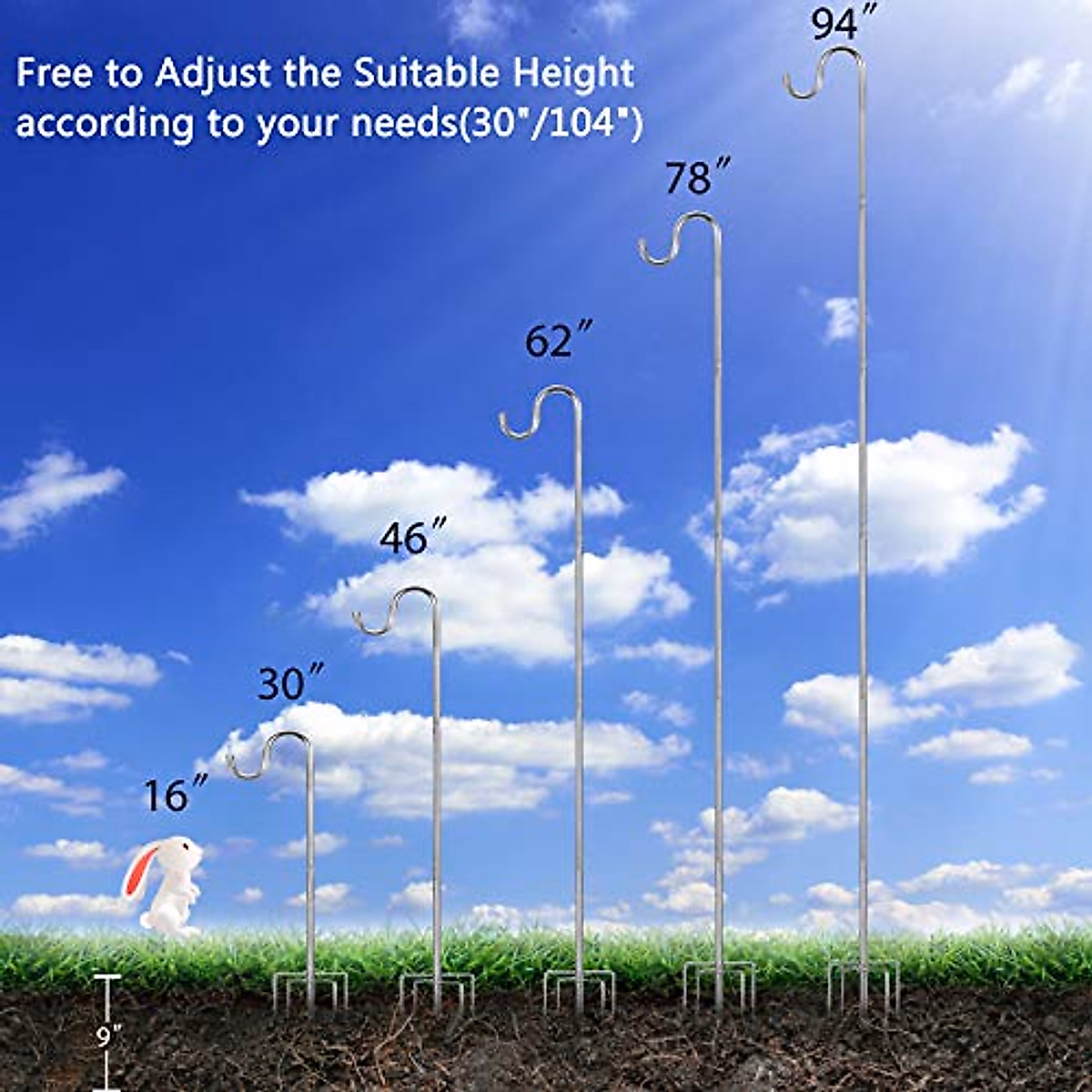 HOME RIGHT Bird Feeder Pole,30 to 62 inch Adjustable Shepherds Hook Heavy Duty 5 Prong Metal Hanger Hook Garden Plant Hooks for Wedding Decoration(1 Pack)