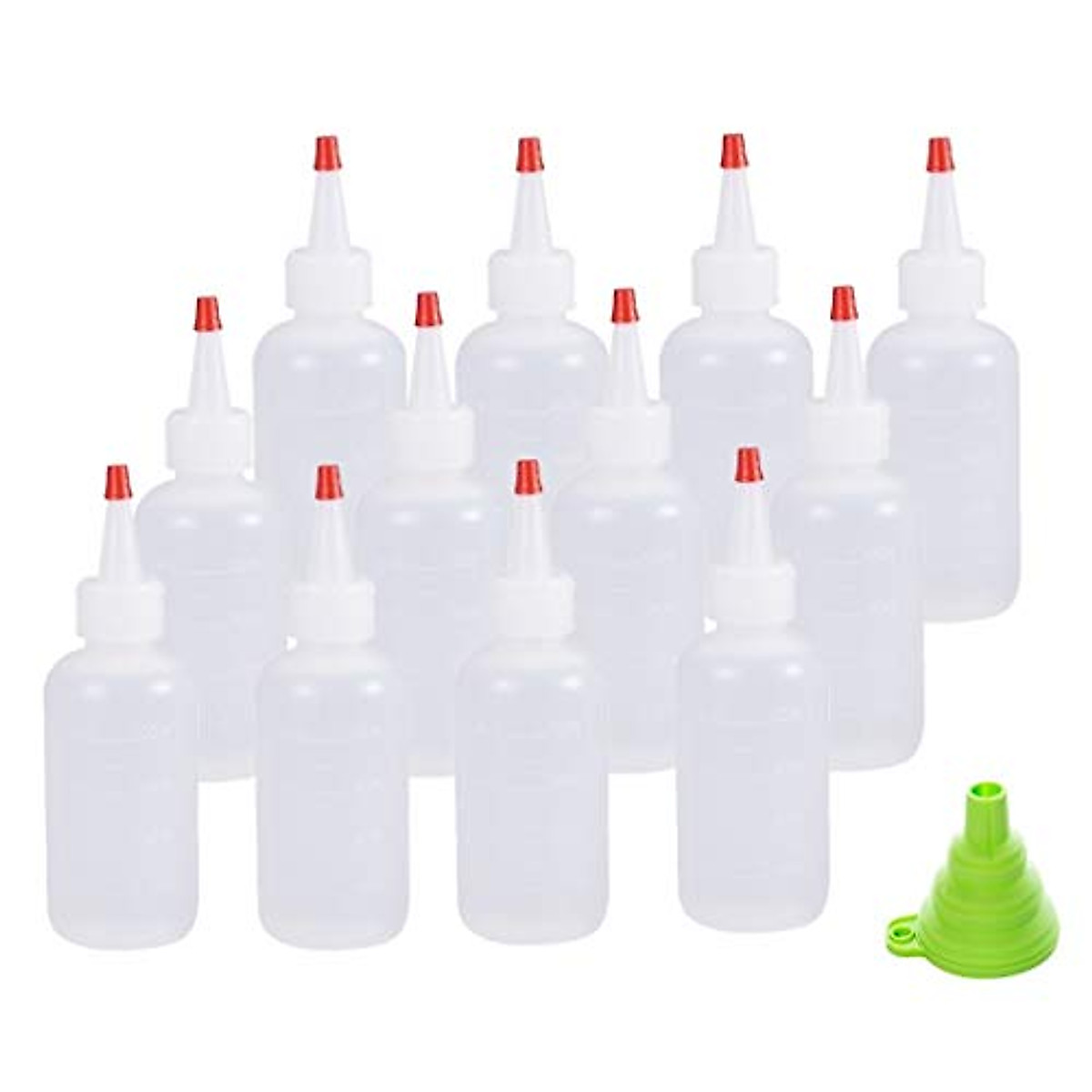 12 Pack 4 Ounce Plastic Squeeze Dispensing Bottles with Red Tip Caps and Measurement - Perfect For Ketchup, BBQ, Sauces, Syrup, Condiments, Dressings, Arts and Crafts - BPA-Free，Equipped with a funnel