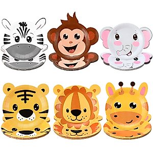 Sunnyray 72 Pcs Jungle Safari Paper Plates 7" Animal Shaped Disposable Dessert Dinner Plates Safari Birthday Party Plates Dinnerware Decorative for Birthday Baby Shower Jungle Animal Party Supplies