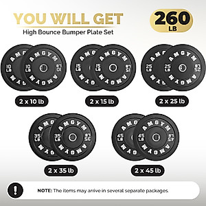 AMGYM LB Bumper Plates Olympic Weight Plates, Bumper Weight Plates, Steel Insert, Strength Training(260LB Set)