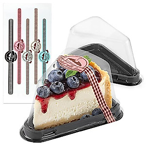Cake Slice Containers Plastic Disposable, Cheesecake Boxes, Pie Container with Lid for Individual Slices of Cakes, Disposable Triangular Pie Box, Reusable, Complimentary Stickers (50 Pack)