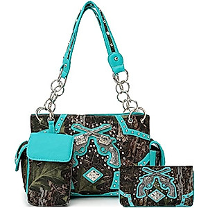 Cowgirl Trendy Camouflage Dual Pistol Western Studs Handbag Concealed Carry Purse Country Women Shoulder Bag Wallet Set (Turquoise Set)