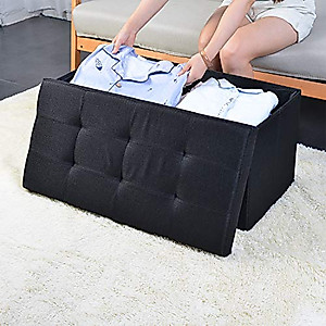 WoneNice Linen Folding Storage Ottoman Bench, Storage Chest Footrest Padded Seat, 30 x 15 x 15 Inches (Linen Black)
