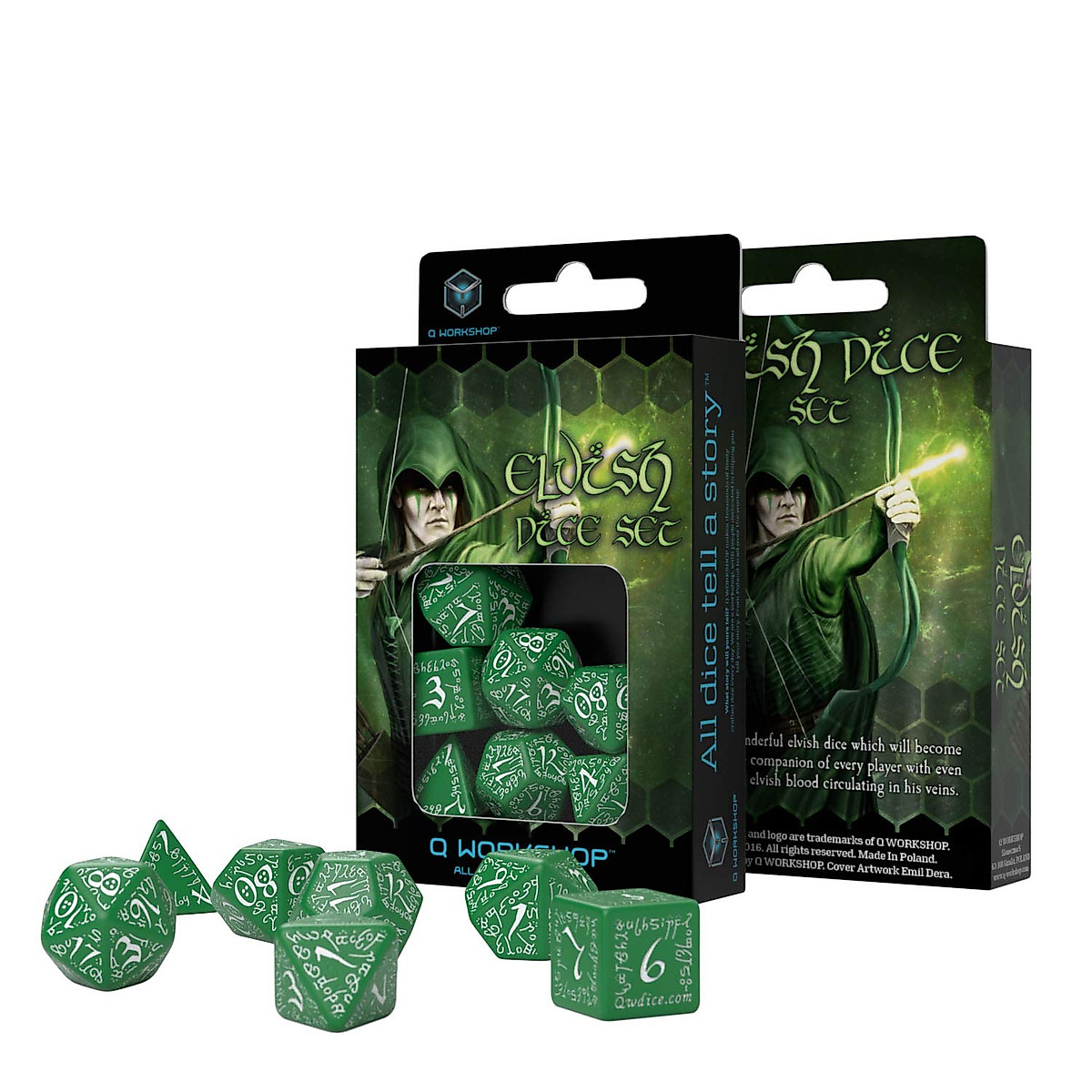 Q-Workshop Elvish Dice Green and White - Set of 7 Dice