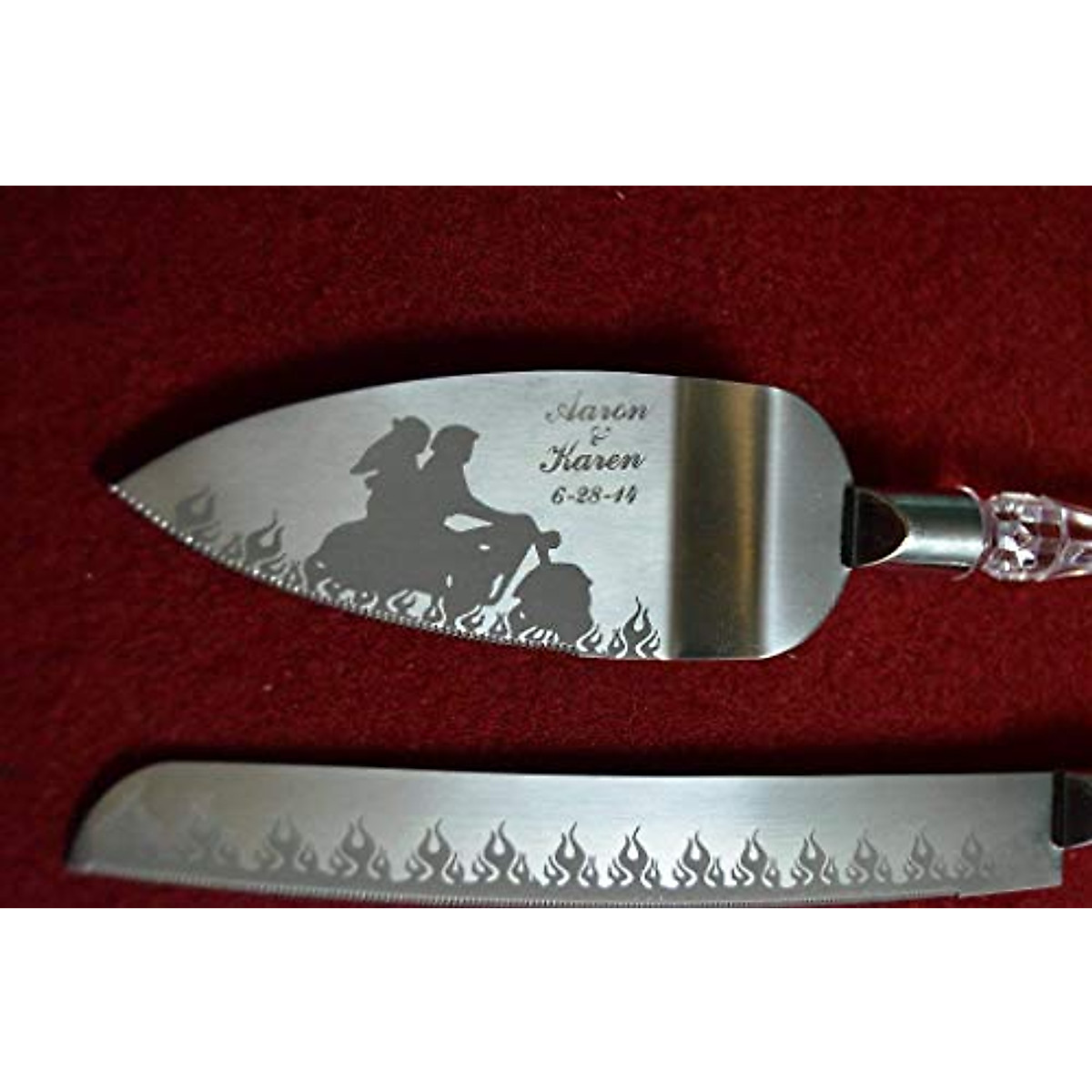 Aaron's Etching Flaming Motorcycle Biker Engraved Wedding Cake Knife/Server Set with Names and Date