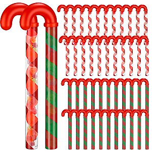 Soaoo 60 Pcs Christmas Candy Cane Shaped Tube Containers Bulk 12 Inch Empty Holiday Candy Tubes with Red Topper Christmas Plastic Crutch Container for Candy Chocolate Stocking Filler