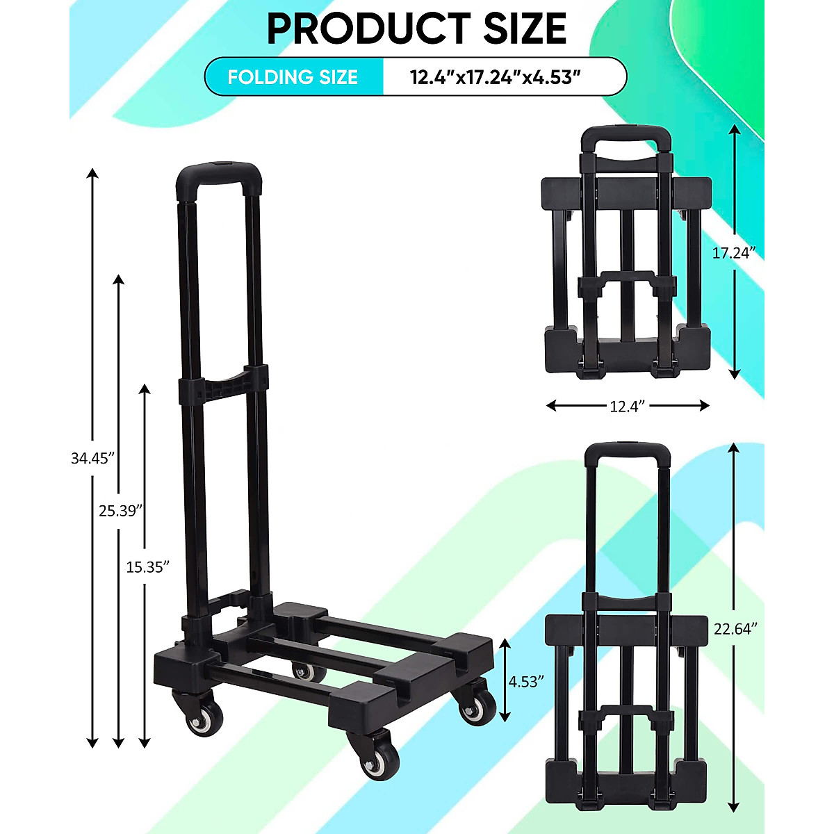 Lougnee Folding Hand Truck, 4 Wheels Fold Up Hand Cart with 2 Elastic Ropes, Portable Foldable 220 lbs Capacity Heavy Duty Luggage Cart, Utility Dolly Platform Cart for Car House Office Moving, Black