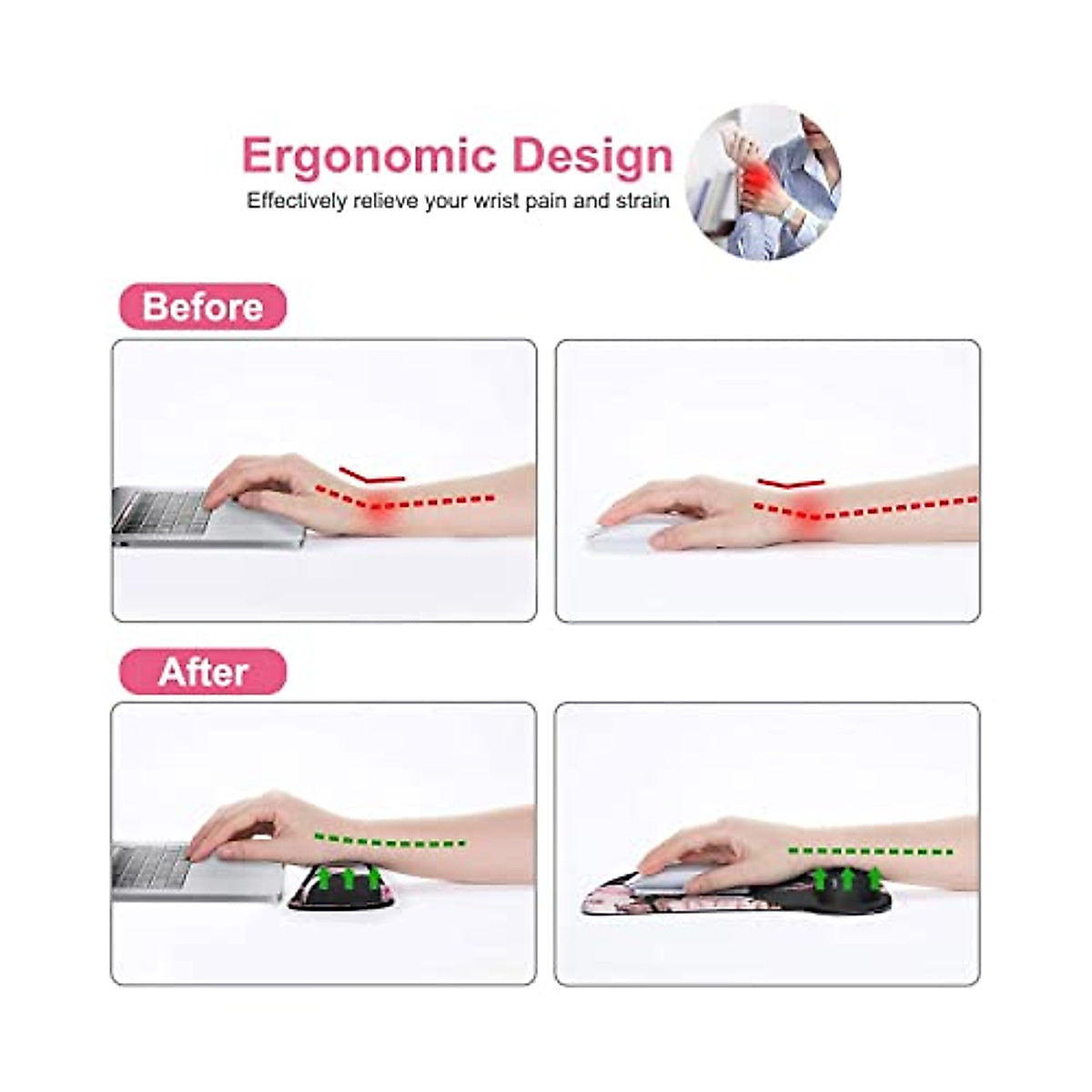 MOSISO Wrist Rest Support for Mouse Pad & Keyboard Set, Peony Ergonomic Mousepad Non-Slip Base Home/Office Pain Relief & Easy Typing Cushion with Neoprene Cloth & Raised Memory Foam, Black