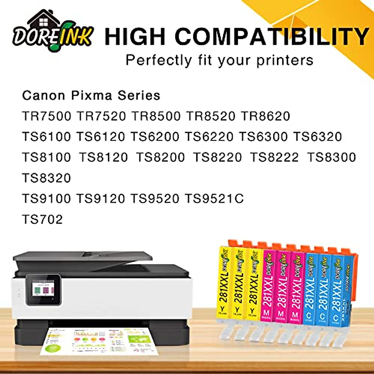 DOREINK Compatible 281 Ink Cartridge Replacement for Canon 281 CLI-281XXL 281XXL 281XL for PIXMA TR8520 TR8620 TS6320 TS9120 TS8320 TS6320 TS6220 TR7520 TS6120 Printer (Cyan, Magenta, Yellow) 9 Pack