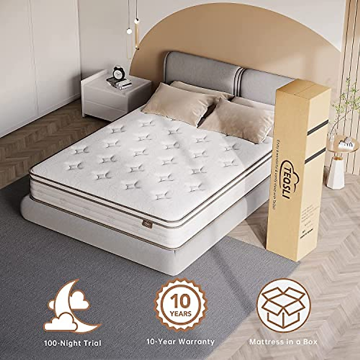TeQsli Queen Mattress 12 Inch, Cool Eggshell Memory Foam and 7 Zone Pocket Innerspring Hybrid Mattress in a Box, Supportive Queen Bed Mattress, Breathable Cover 100 Nights Trial (TSB30Q-US)