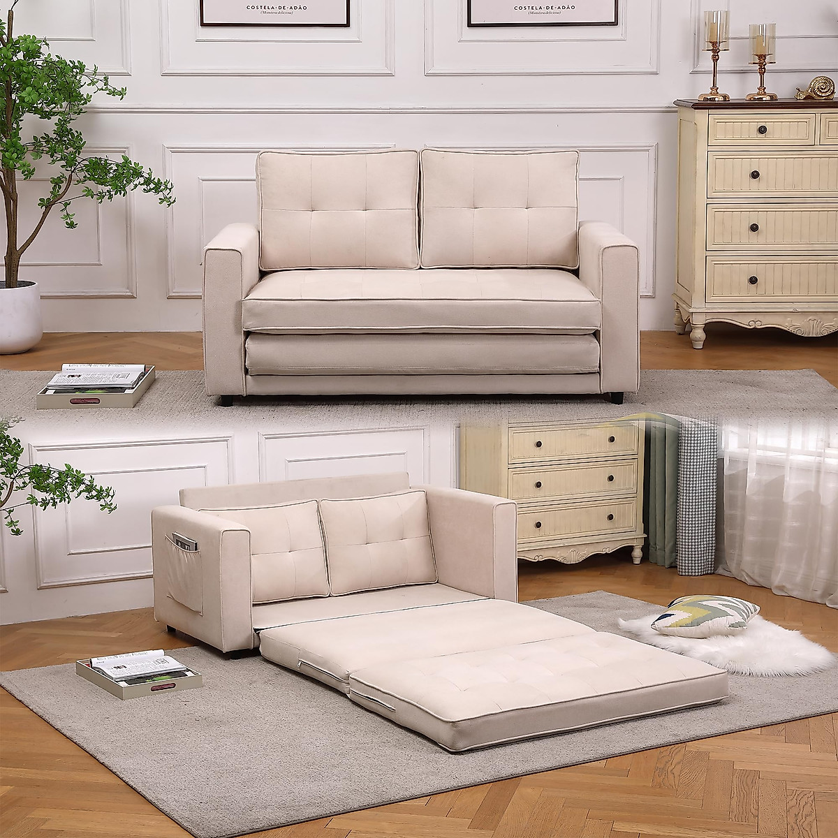 MATONELL 3-in-1 Upholstered Futon Sofa Convertible Floor Sofa Bed,Foldable Tufted Loveseat with Pull Out Sleeper Couch Bed,Folding Mattres Love Seat Daybed W/Side Pockets for Living Room,Beige