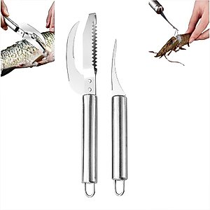 Fish Scale Knife Cut Scrape Dig 3-in-1Tool, Stainless Steel Peelers Scraping Boning Filleting Stainless Steel Shrimp Whisker Peeler Tool, 5 in 1 Multifunctional Shrimp Line Fish Maw Knife 2Pack