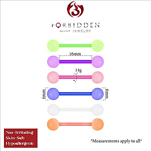 Forbidden Body Jewelry Lot of 6 Glow In The Dark Tongue Rings: 14G 16mm (5/8 Inch) Bioflex Tongue Ring Barbell Set