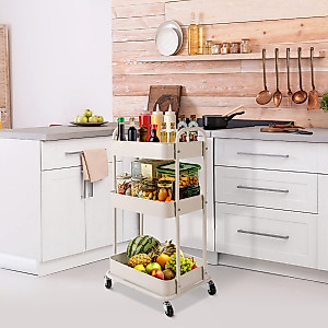 YOHKOH 3-Tier Metal Rolling Utility Cart, Storage Trolley Cart with Mesh Baskets and Lockable Wheels for Bathroom Kitchen Office(White)
