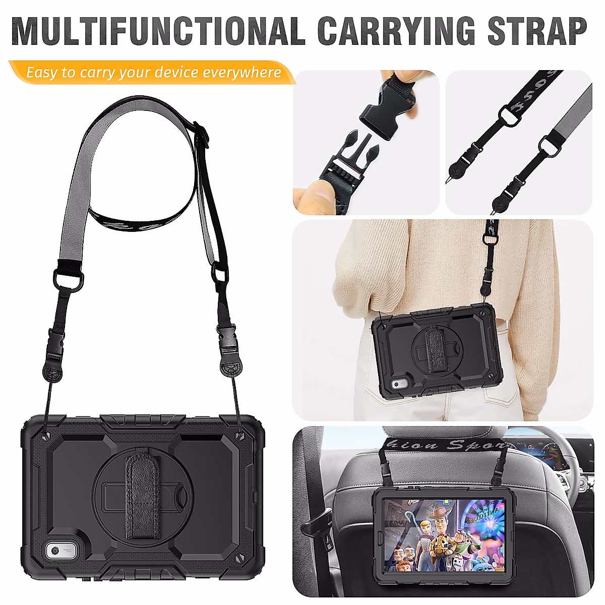 HXCASEAC Case for Lenovo Tab M8 (HD/FHD/Smart) 2019/2021 3rd/2nd Gen (TB-8506FS TB-8506F TB-8505F TB-8505X TB-8505FS TB-8705F TB-8705N), M8 Tablet Case Screen Protector/Hand Strap/Stand, Black