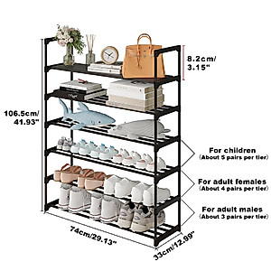Calmootey 6-Tier Shoe Rack, Tall Large Capacity 30 Pairs Shoes Storage Organizer, Stackable Wide Shoe Shelf for Entryway, Hallway, Black