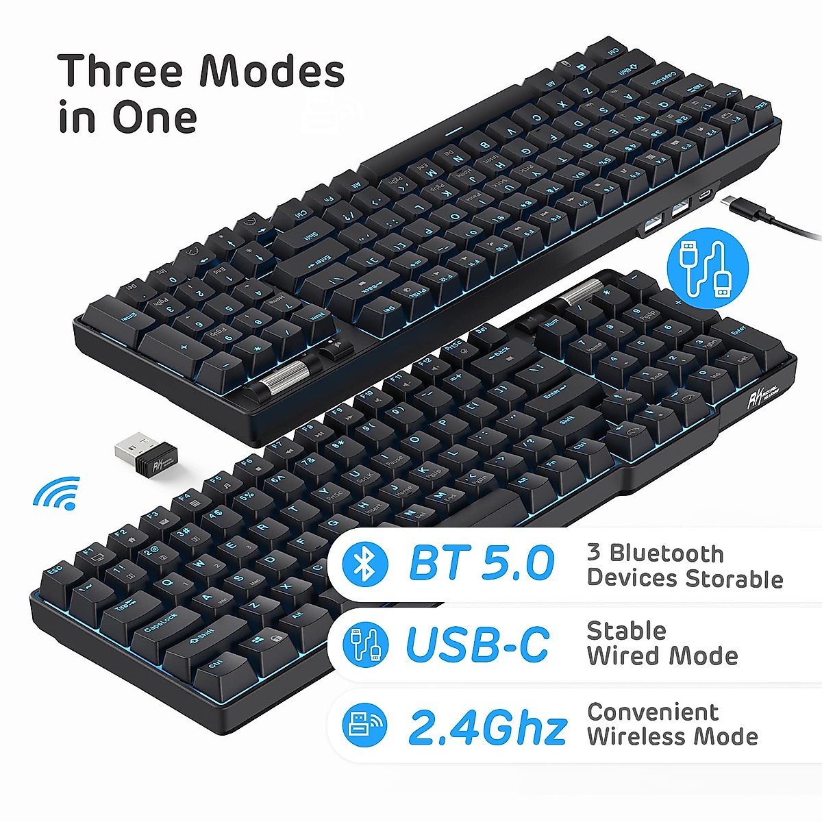 RK ROYAL KLUDGE RK96 90% Triple Mode BT5.0/2.4G/USB-C Hot Swappable Mechanical Keyboard with Magnetic Wrist Rest, 96 Keys Wireless Gaming Keyboard with Software, Blue Backlight
