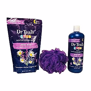 Dr. Teal’s Melatonin Body Wash and Sleep Soak for Kids Bundle: Pure Epsom Salt Melatonin Sleep Soak (32 oz.) + 3 In 1 Sleep Bath with Melatonin & Essential Oils (20 oz.) + Purple Loofah