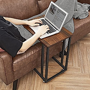 VASAGLE End Table, C Shaped TV Tray with Metal Frame Rolling Casters, Industrial Side Table for Living Room Bedroom, 19.7 x 13.8 x 23.6 Inches, Dark Walnut and Black
