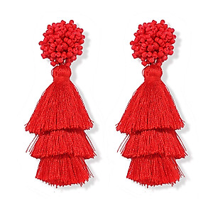 Layered Tassel Earring Bohemian Lightweight Colorful Tiered Thread long Fringe Tassel Drop Dangle Beaded Statement Stud Earring Women Gifts (Red)