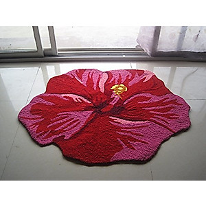 Morden Handmade Needlepoint Floor Rug Red Bathmat Flower Rug Girls Bedroom Non-Slip Rugs, Great Gift for Christmas (Hibiscus) 31.5" x 23.6"
