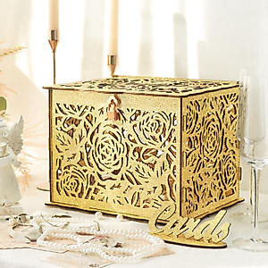 OurWarm Glittery Gold Wedding Card Box with Lock, Wood Gift Card Box for Wedding Reception, Wedding Money Honeymoon Fund Card Boxes for Baby Shower Birthday Graduation Party Rustic Wedding Decorations