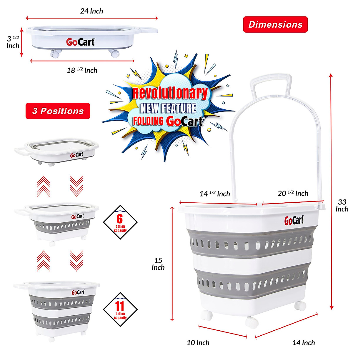 dbest products Folding Gocart Collapsible Laundry Basket on Wheels Grocery Cart Shopping Foldable Pop Up Plastic Hamper Tote Handles Cesto para ropa sucia, White