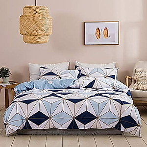 Diamond Comforter CovertwinWhite Teal Blue Geometric Triangle Duvet Cover Men Adults Lines Soft Luxury Modern Decorative Kids Check Bedding Set for Girls Women Breathable Gold Stripe Quilt