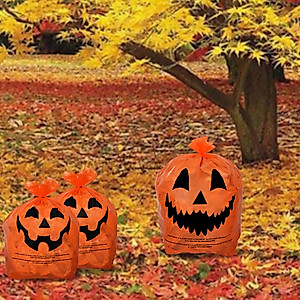 KINREX Halloween Leaf Bags Pumpkin Plastic Lawn and Leaf Bags Decoration - Outdoor Fall Trash Bag Decor - Orange Jack O Lantern - Pack of 3 with Twist Ties