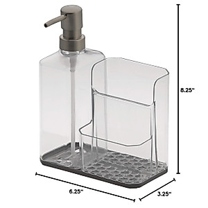 Spectrum Diversified Hexa Sponge & Brush Kitchen Organizer with Refillable Soap Pump, Sponge & Dish, Easy-Clean Sink Organization & Dish Brush Holder with Removable Base, Clear & Gray