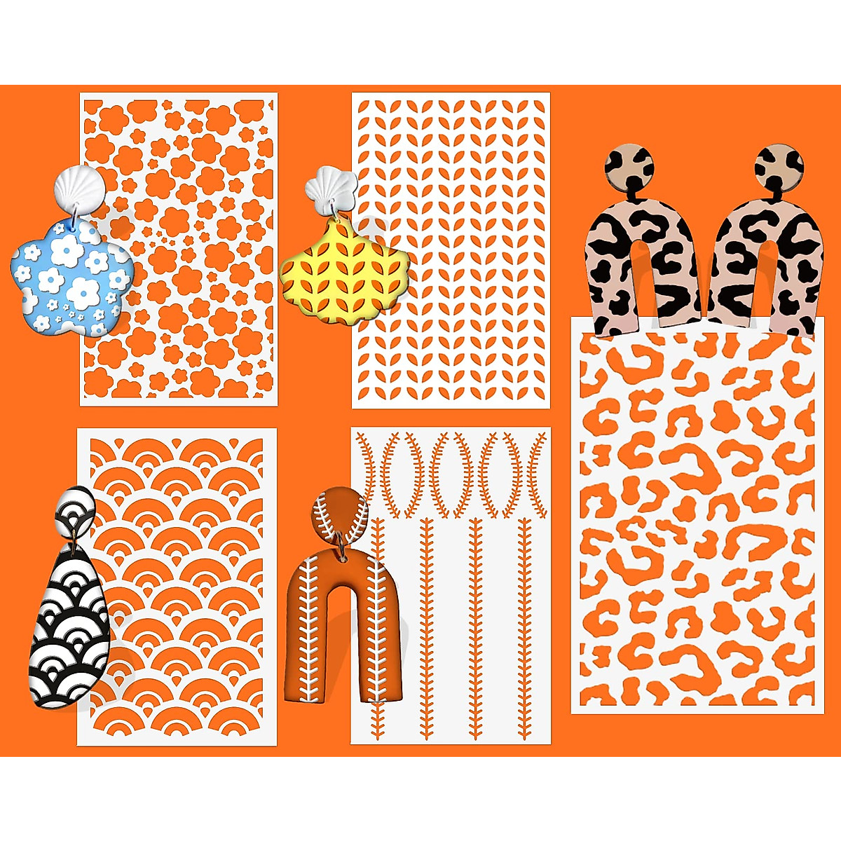 BABORUI 10Pcs Clay Texture Sheets for Polymer Clay, Reusable Clay Stamps Stencils with 2Pcs Scraper, Polymer Clay Tools Embossing Stamp Mats for Printing on Clay Earring Jewelry