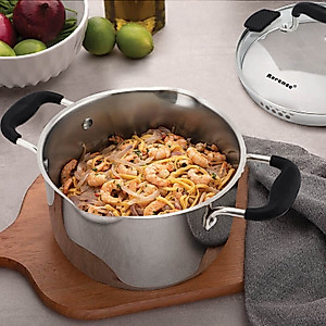 Rorence Stainless Steel Stock Pot with Pour Spout & Silicone Handles & Glass Lid with Strainer - 3.7 Quart