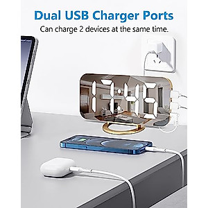 Digital Alarm Clock,7 in LED Mirrored Clocks Large Display,with 2 USB Charger Ports,Auto Dim,Night Mode,Modern Desktop Electronic Clocks for Bedroom Home Office Decor - Gold