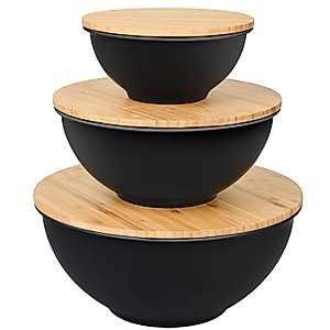 GEHE Salad Bowl with Lid, 10" Large Mixing Bowls with Lids Set, Bamboo Salad Bowl Set of 3, Salad Serving Bowl Set for Salad, Fruits, Pasta, Popcorn, Chips, Vegetables and Dishwasher Safe