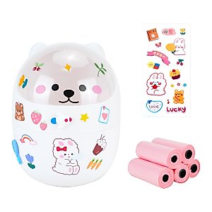 IBEQUEM Mini Trash Can, Cute Small Trash Can with Lid, Desktop Paper Bin with 5 Rolls of Bin Liners, Portable Tabletop Dustbin, Cartoon Animal Rubbish Storage for Kitchen (White)