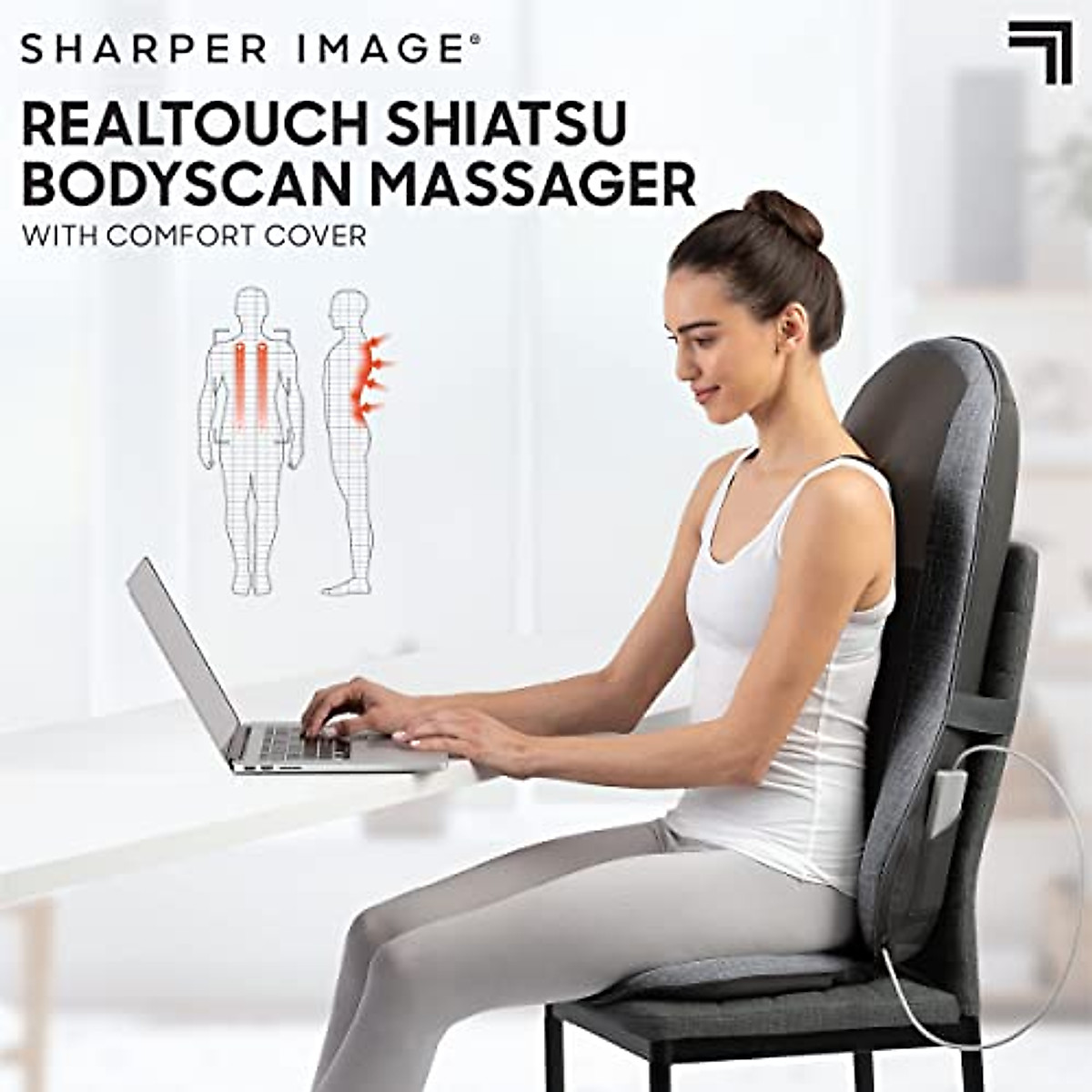 Sharper Image Smartsense Shiatsu Realtouch Massaging Chair Pad with Extra Cushion, Soothing Heat, 4 Deep Kneading Gel Nodes, Pain Relief for Neck, Back, Shoulders, Lumbar, Pressure Points Body Scan