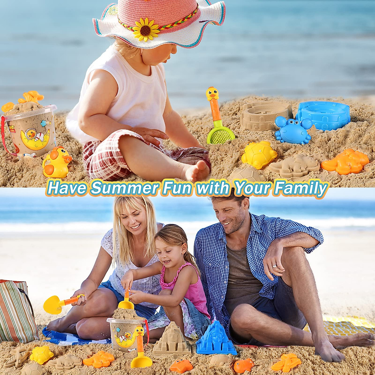 FENYAN Beach Toys for Kids, 22Pcs Toddler Sand Toys Includes Beach Bucket, Sand Castle Kit, Duck-Shape Watering Can, Sand Spade, Shovel, Rake, Sieve, Dinosaur Sand Molds for Preschool Boys Girls
