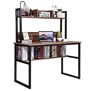 Tangkula Computer Desk with Hutch, Home Office Desk Study Writing Desk with Storage Bookshelves, Space Saving Computer Workstation for Home Office (Light Walnut)