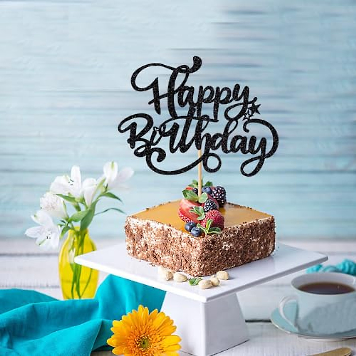 Crseniny Happy Birthday Cake Topper,Black Glitter Birthday Sign Cake Decorations，Anniversary Party/Birthday Party Decoration Supplies(Black)