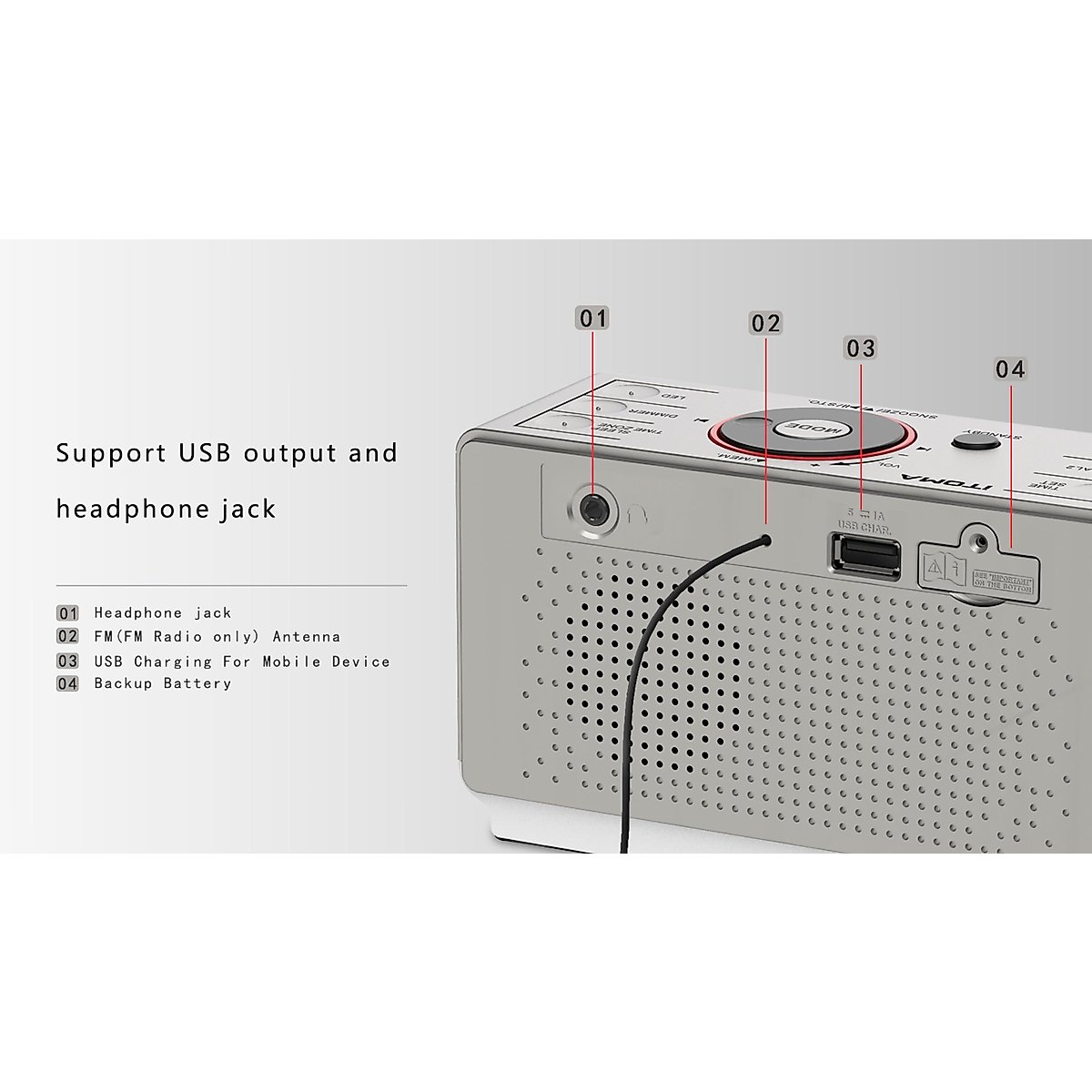 iTOMA Alarm Clock Radio with Bluetooth Speaker, FM Radio, Dual Alarm with Snooze, Large LED Display, Dimmer Control, USB Charging Output and Night Light CKS708