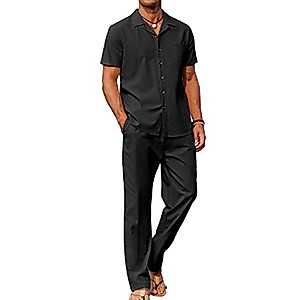 COOFANDY Mens Coordinated Outfit  Linen Beach  Casual Cuban Button Up Shirts Drawstring Pants, Black, X-Large