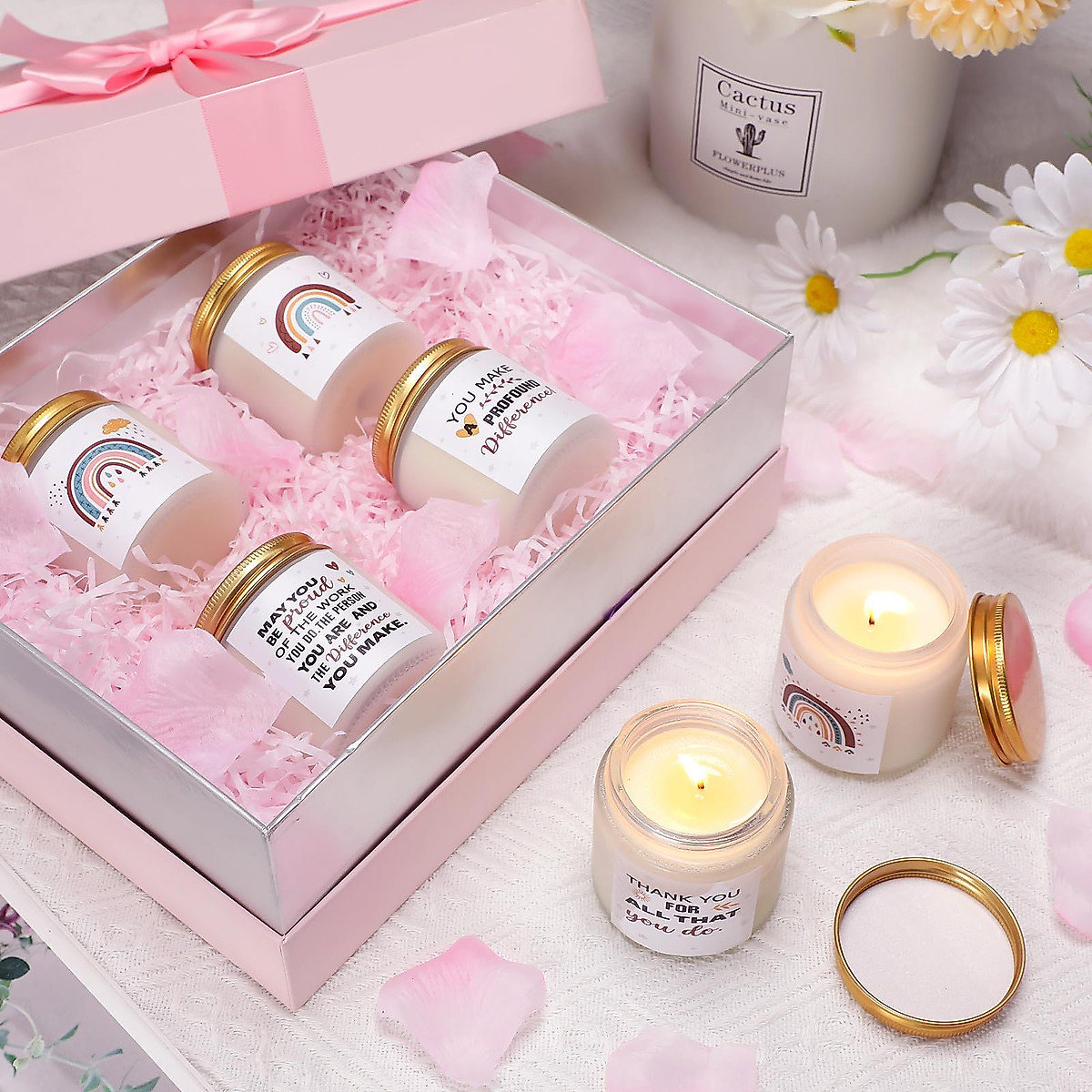 MTLEE 6 Pcs Employee Appreciation Candles Gifts Bulk 3.5 oz Thank You Candle Set Inspirational Motivational Boho Rainbow Aromatherapy Scented Jar Candles for Women Coworker Teamworker Teacher