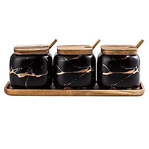 JFFLYIT 3 Pcs Porcelain Condiment Jar Pot Spice Container Ceramic Seasoning Jar with Lid Spoon and Tray Great for Home Kitchen Counter, Black