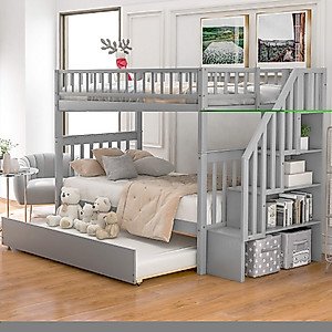 Merax Twin Over Twin Bunk Bed with Trundle, Storage Staircase and Full Length Guardrail, Solid Wood Stairway Bunk Bed, No Spring Box Needed (Grey)