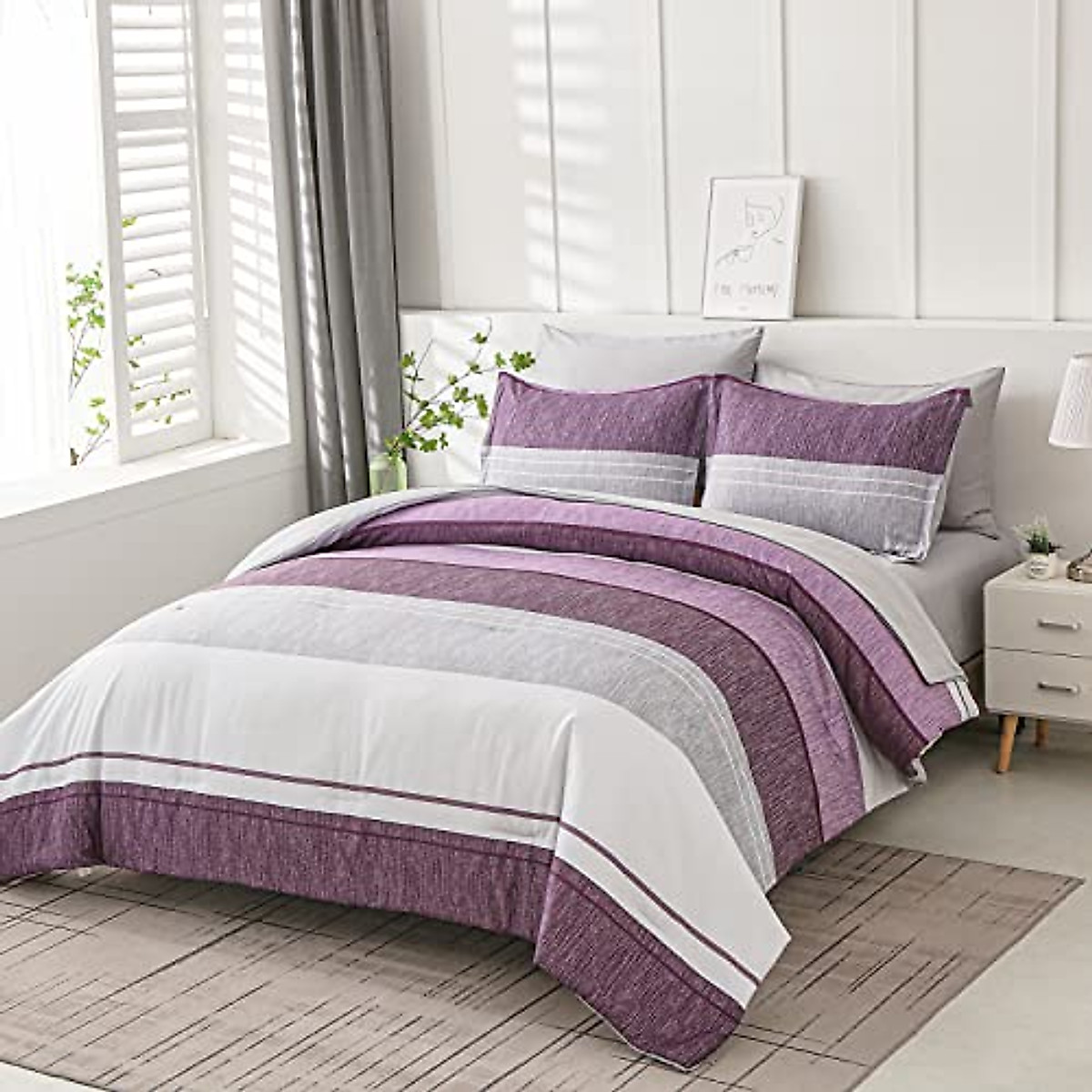 FLYMME Striped Patchwork Bed in a Bag 7 Pieces,Purple White Grey Stripe Pattern Full Size Comforter Set with Sheets, Soft Lightweight Bedding Sets Collections for All Season (Purple 80''x 90'')
