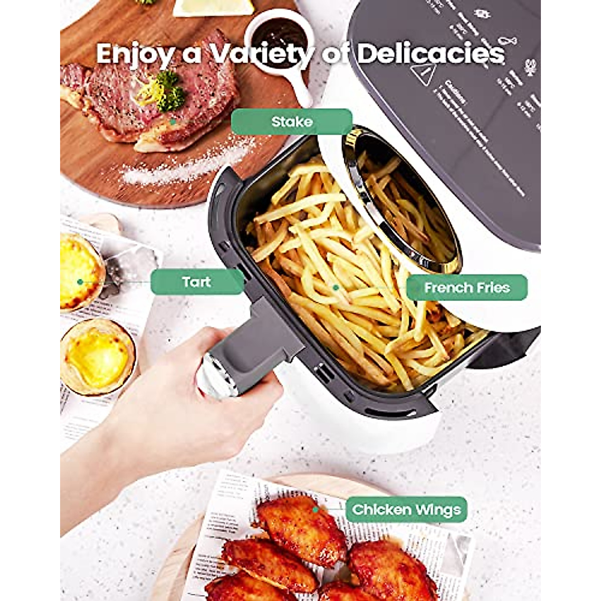 [NEW LANUCH] KOOC Large Air Fryer, 4.5-Quart Electric Hot Oven Cooker, Free Cheat Sheet for Quick Reference Guide, LED Touch Digital Screen, 8 in 1, Customized Temp/Time, Nonstick Basket, White