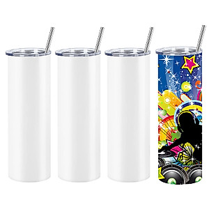 30 Oz Straight Sublimation Tumbler Blank Set, 4 Pack Stainless Steel Skinny Tumbler for Sublimation with Shrink Wrap, Insulated Skinny Slim Water Tumbler for Diy, White